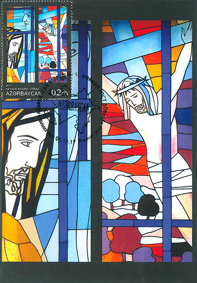 Catholic church. Stained-glass panel